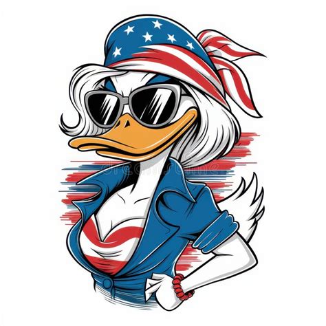 Patriotic Cartoon Duck Wearing Sunglasses And Bandana Stock