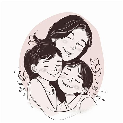 Un Dibujo De Una Madre Y Sus Dos Hijos Abrazándose Foto Premium