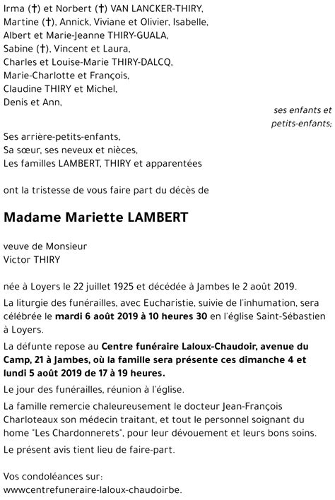Avis De Décès De Mariette Lambert Décédé Le 02 08 2019 à Jambes