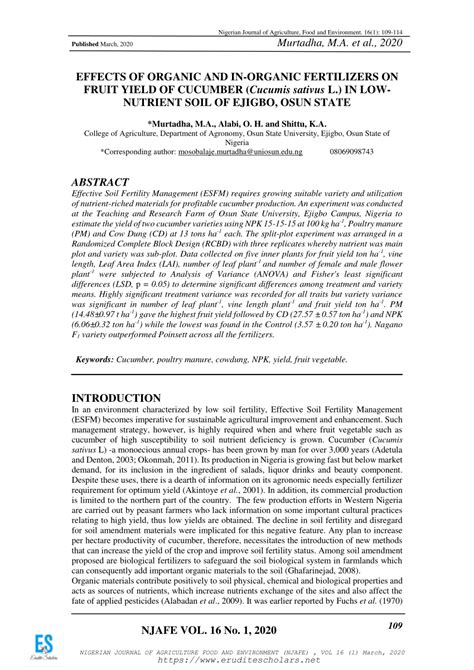 Pdf Effects Of Organic And In Organic Fertilizers On Fruit Yield Of Cucumber Cucumis Sativus