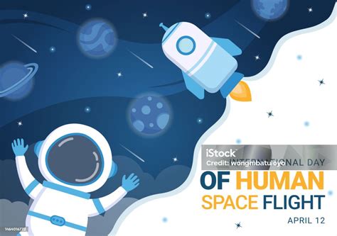 4월 12일 국제 인간 우주 비행의 날 로켓과 어린이 우주 비행사가 랜딩 페이지 템플릿을 위해 그린 평평한 만화에 있는 그림 4월에 대한 스톡 벡터 아트 및 기타 이미지