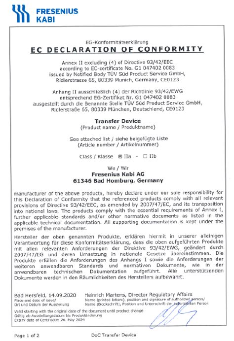 Cmdoc Transfer Device Class Iia 14september 2020 Key2 Fresenius Kabi