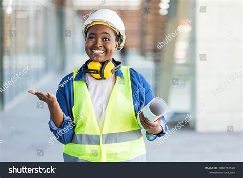 Female Construction Engineer Architect Blueprints Construction Stock