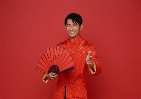 Happy Chinese New Year 2024 Portrait Asian Man Happy Smile Wearing Red