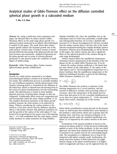 Pdf Analytical Studies Of Gibbs Thomson Effect On The Diffusion