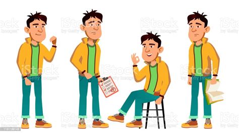 아시아 나쁜 소년 포즈 설정 벡터입니다 고등학교 어린이 사춘기 아름다움 라이프 스타일 친절 한 엽서 발표회 표지 디자인에 고립