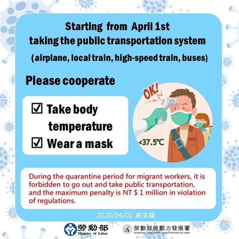 臺北市勞動力重建運用處 14自4月1日起搭乘大眾運輸系統，請配合測量體溫、戴口罩多國語言20200406