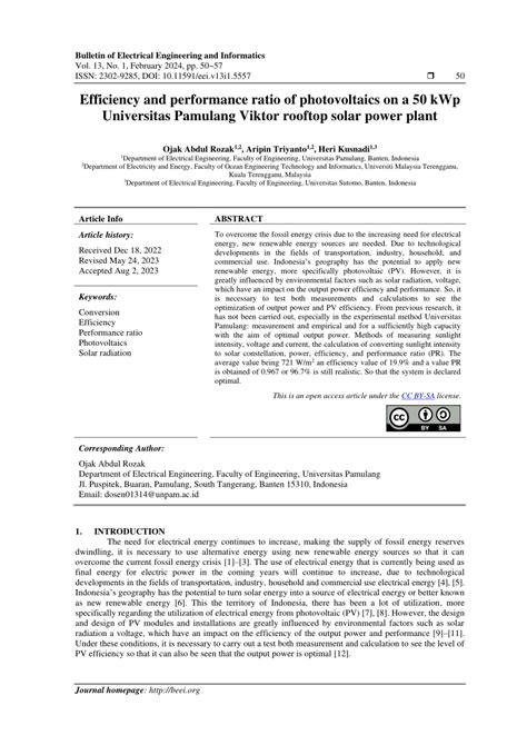 Pdf Efficiency And Performance Ratio Of Photovoltaics On A Kwp Universitas Pamulang Viktor