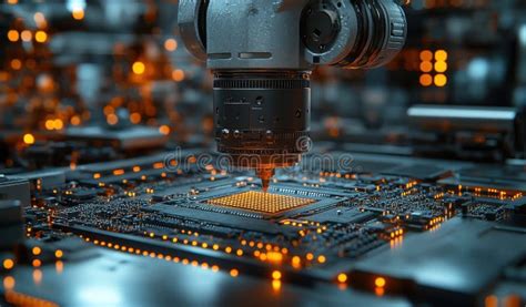 Close Up Of An Industrial Robot Arm Soldering A Circuit Board Stock