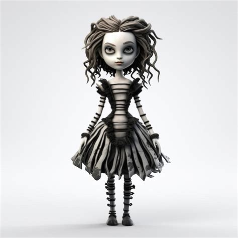 Tim Burton Inspired 3d Female Doll On White Background Premium Ai Generated Image