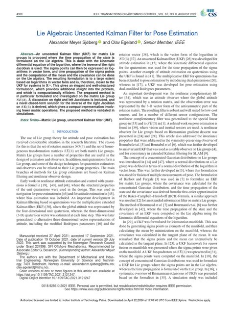 Lie Algebraic Unscented Kalman Filter For Pose Estimation Download Free Pdf Kalman Filter
