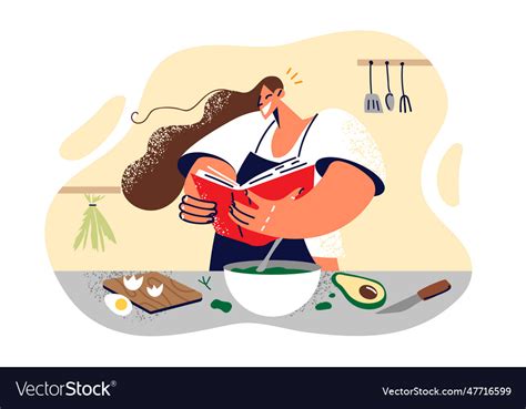 Woman Is Holding Cookbook Standing Near Kitchen Vector Image