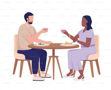 와인을 마시고 식사를 하는 커플은 세미 플랫 컬러 벡터 문자입니다 편집 가능한 그림 흰색에 전신 사람들 웹 그래픽 디자인