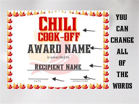 Editable Chili Cook Off Award Certificate Template Chili Contest