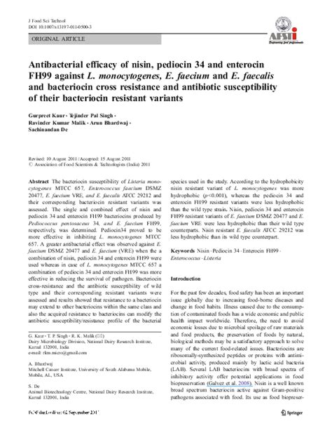 Pdf Antibacterial Efficacy Of Nisin Pediocin 34 And Enterocin Fh99 Against Listeria