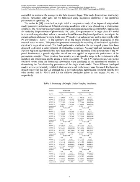The Differences Between Single Diode Model And Double Diode Models Of A Solarpdf