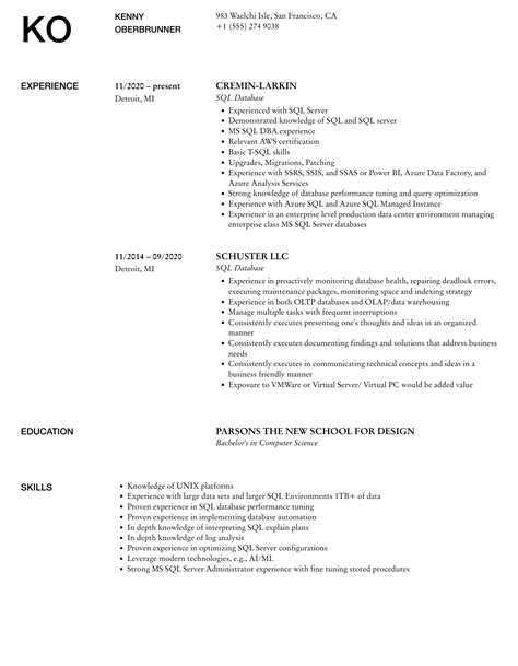 Sql Database Resume Samples Velvet Jobs