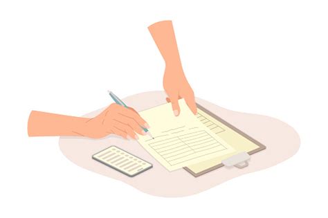 펜과 스마트 폰으로 클립 보드에 무언가를 쓰는 인간의 손이 근처 벡터 일러스트 레이 션에 쉬었습니다 Brand Name