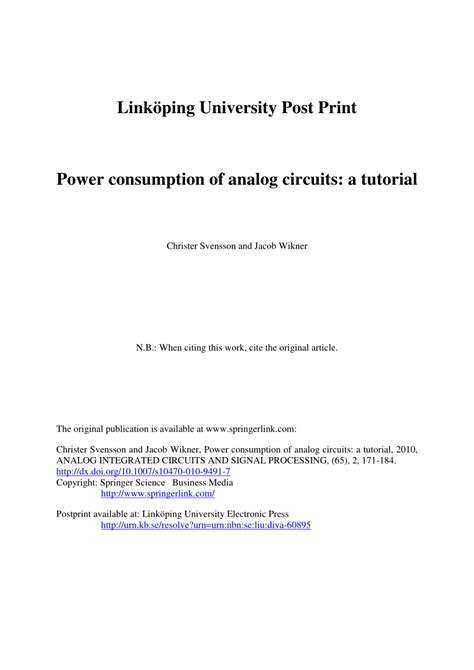 Pdf Power Consumption Of Analog Circuits A Tutorial