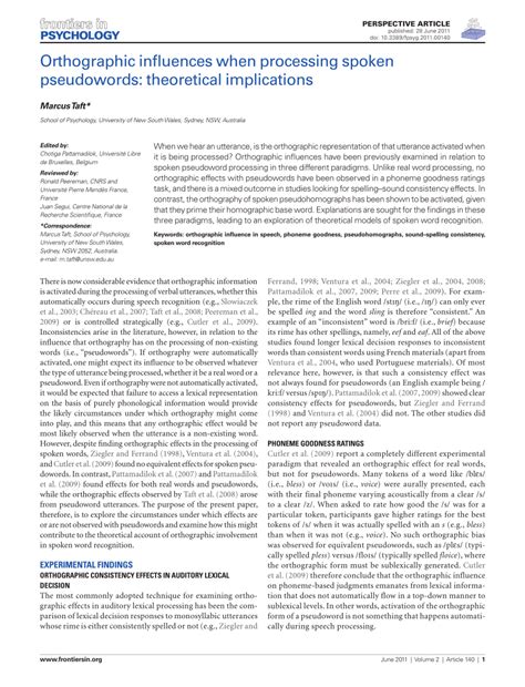 Pdf Orthographic Influences When Processing Spoken Pseudowords Theoretical Implications
