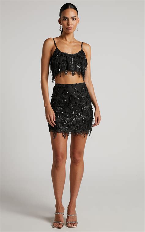 Khrizza Mini Skirt Sequin Diamond Mesh Skirt In Black Showpo Usa