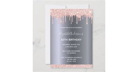 60th Birthday Party Rose Gold Glitter Drips Silver Invitation Zazzle