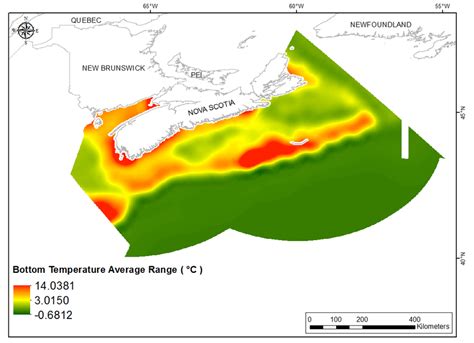 interpolated prediction surface of bottom temperature average range ˚c