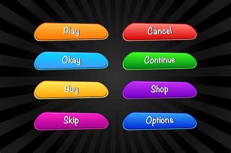 게임 및 앱용 큰 버튼 세트 Glass 게임 Ui 키트 게임 Ui 버튼 세트 게임 버튼 디자인 프리미엄 벡터