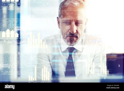 Business Man Code And Hologram With Graphs Reading And Programming