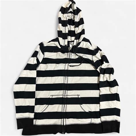 Y2k Black And White Striped Zip Up Hoodie Size Women Depop