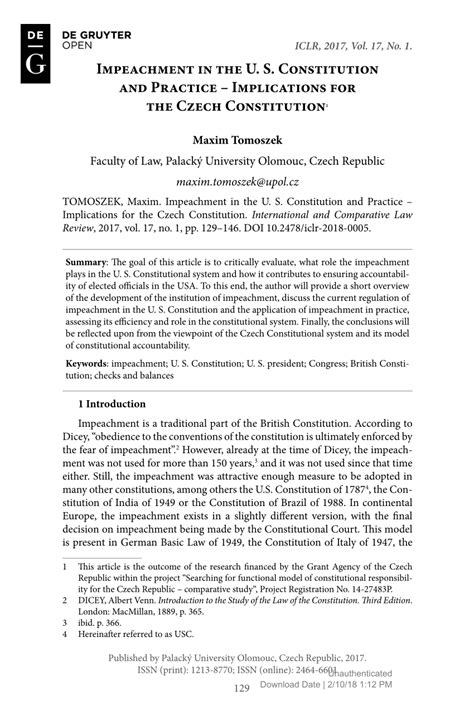 Pdf Impeachment In The U S Constitution And Practice Implications For The Czech Constitution