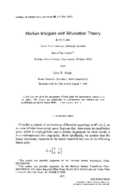 Pdf Abelian Integrals And Bifurcation Theory