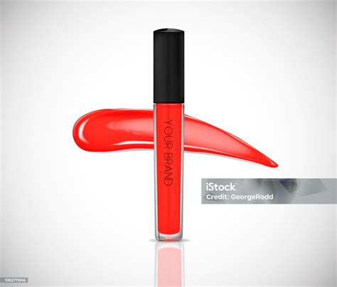액체 레드 립스틱 입술 광택 검정 뚜껑 폐쇄와 우아한 유리 병에 고 브러쉬 고립 된 컨테이너를 엽니다 얼룩을 확인 합니다 0명에