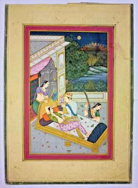 Ancient Mughal Badshah Erotic Harem With Damsels Handmade Miniature