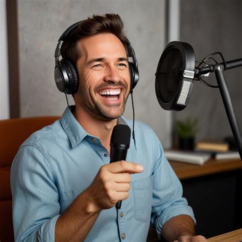 A Man Is Singing Into A Microphone And Smiling Premium AI Generated Image