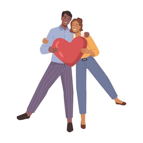 Pareja enamorada abrazando sosteniendo corazón Vector Premium