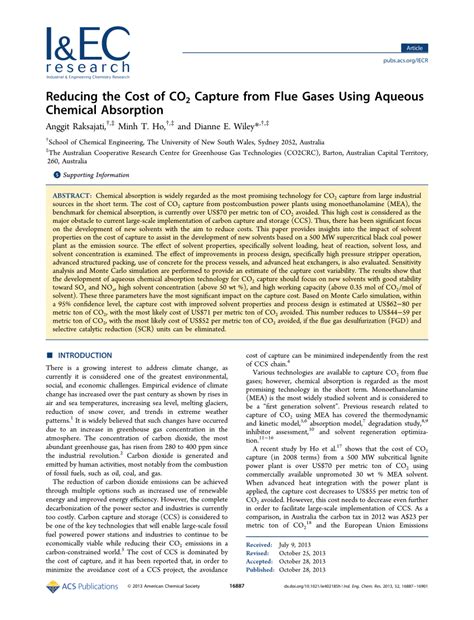 Pdf Reducing The Cost Of Co2 Capture From Flue Gases Using Aqueous