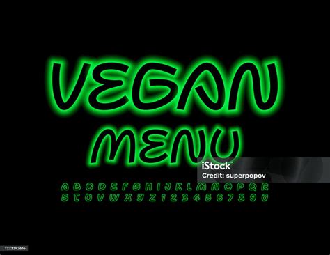 벡터 빛나는 템플릿 비건 메뉴 예술 알파벳 문자 및 숫자 세트 0명에 대한 스톡 벡터 아트 및 기타 이미지 0명 건강한 생활방식 건강한 식생활 Istock