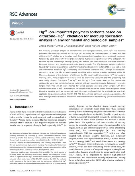 Pdf Hg2 Ion Imprinted Polymers Sorbents Based On Dithizone Hg2 Chelation For Mercury