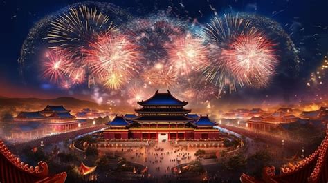 Fireworks Explode Over A Chinese Palace With A Large Building In The