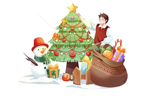크리스마스 트리 소년 눈사람 선물 상자 일러스트 무료 다운로드 Lovepik