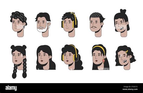 Generations Hispanic 2D Linear Cartoon Character Faces Set Stock Vector
