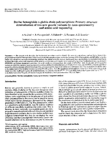Pdf Bovine Hemoglobin α Globin Chain Polymorphism Primary Structure