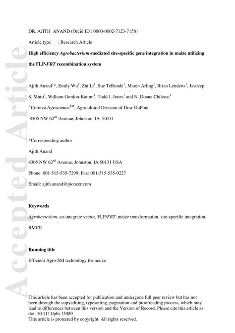 Pdf High Efficiency Agrobacterium‐mediated Site‐specific Gene