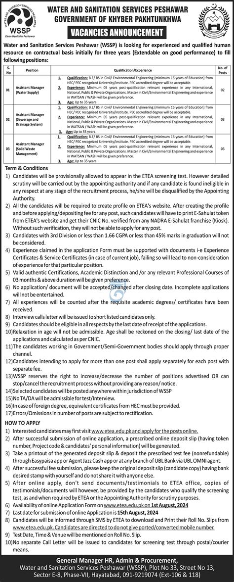 Positions Available At Water And Sanitation Services Peshawar 2025 Job