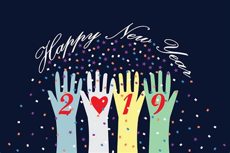 행복 한 새 해 2019 엽서 배경 벡터 일러스트 이미지 아트 우정 사랑 다양성 단결 승리와 축 하의 추상적인 개념 12월 31일에 대한 스톡 벡터 아트 및 기타 이미지