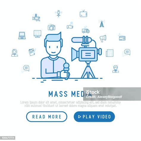 매스 미디어 개념 마이크와 기자 게 보도해 얇은 선 아이콘 신문 기사 블로그 보고서 라디오 인터넷 인터뷰 비디오 현대 벡터 일러스트 레이 션 웹 페이지 서식 파일 Brand