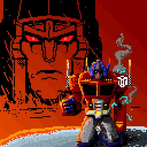 Comic Cover Style Transformers Pixel Art Featuring Optimus Prime And