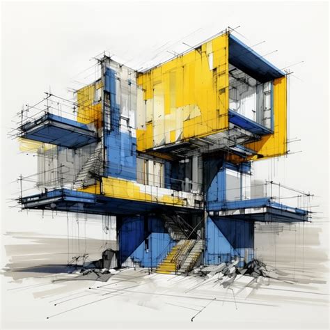 Architectural Sketch Of A Yellow And Blue Building