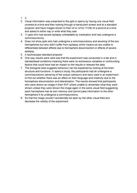 Sperry Exam Qs Sperru Exam Questions 1 C Visual Information Was